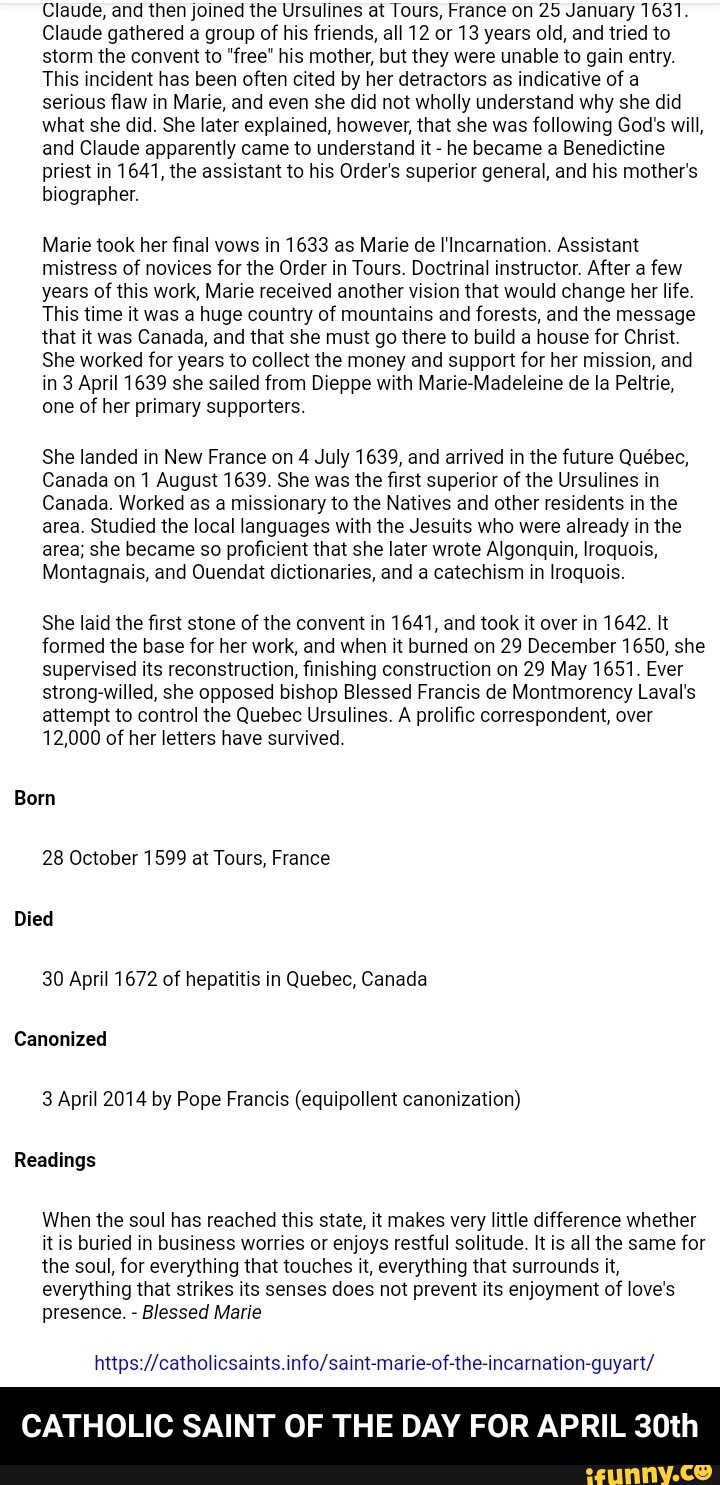 Claude, and then joined the Ursulines at Tours, France on 25 January ...