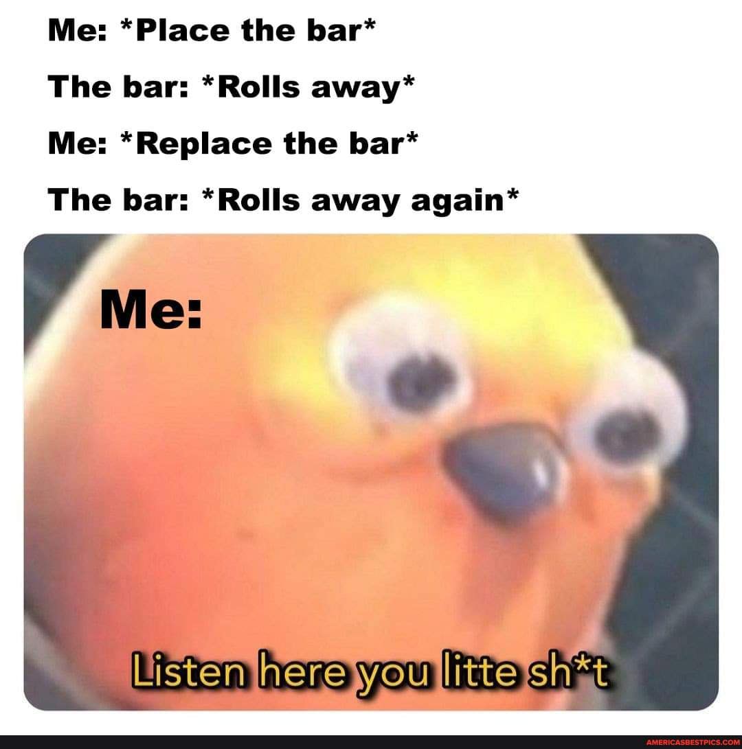 Me: *Place the bar* The bar: *Rolls away* Me: *Replace the bar* The bar ...