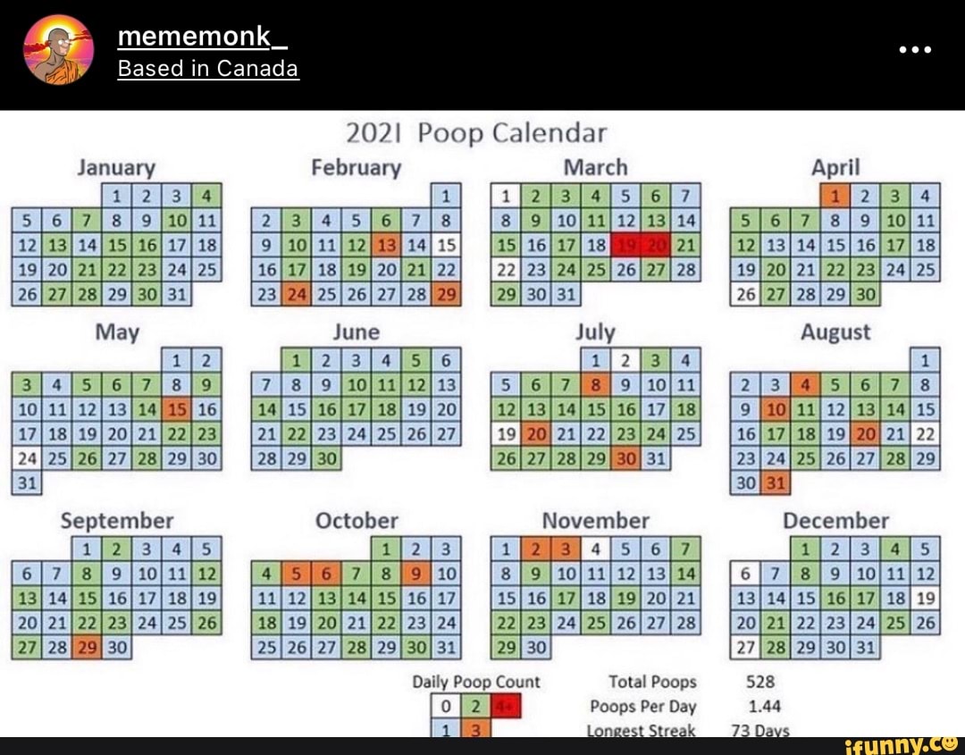 Mememonk_ Based in Canada 2021 Poop Calendar January February March ...