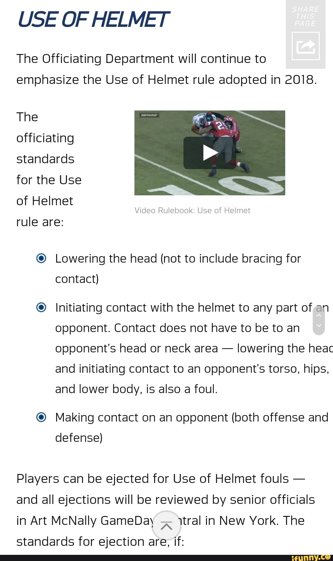 USE OF HELMET The Officiating Department will continue to emphasize the ...