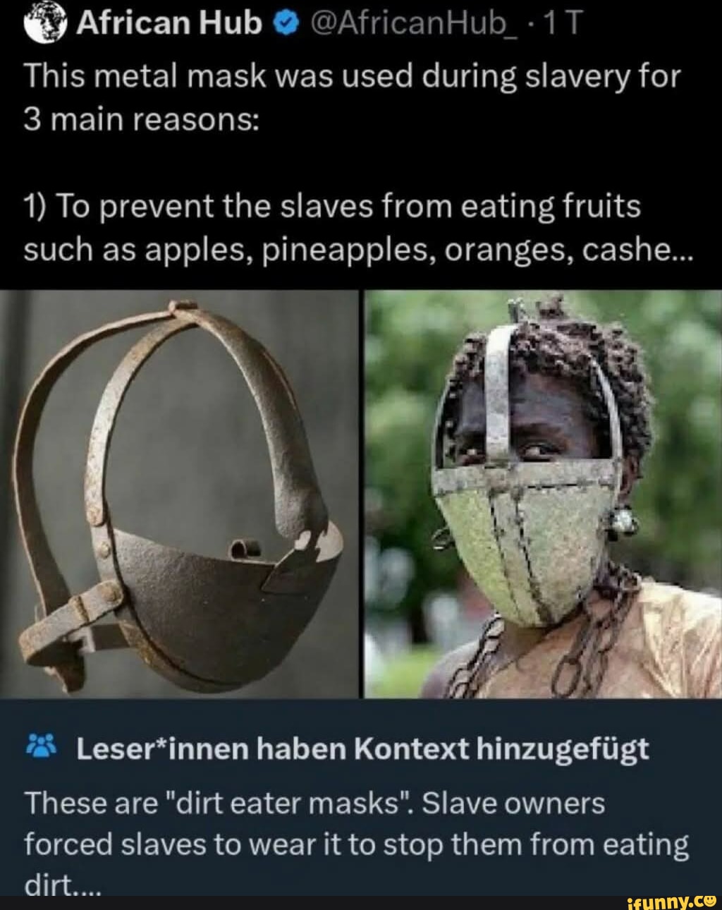 African Hub @ @AfricanHub_-1T This metal mask was used during slavery ...