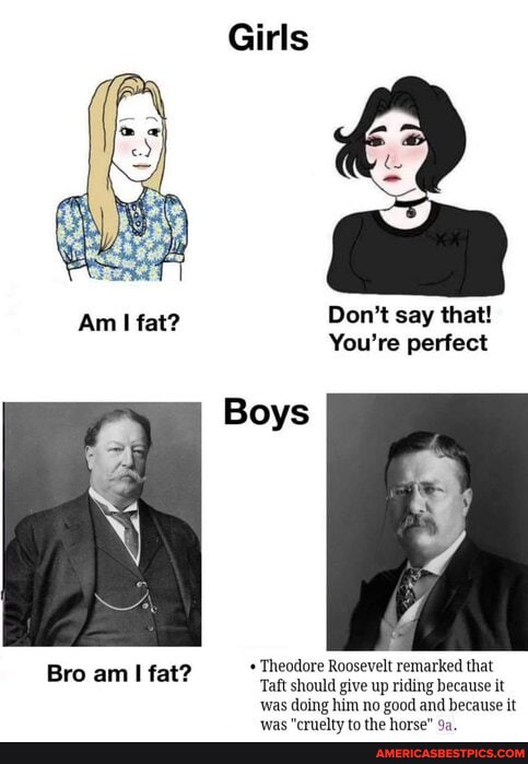 Girls Am I fat? Don't say that! You're perfect Boys Theodore Roosevelt remarked that Taft should ...