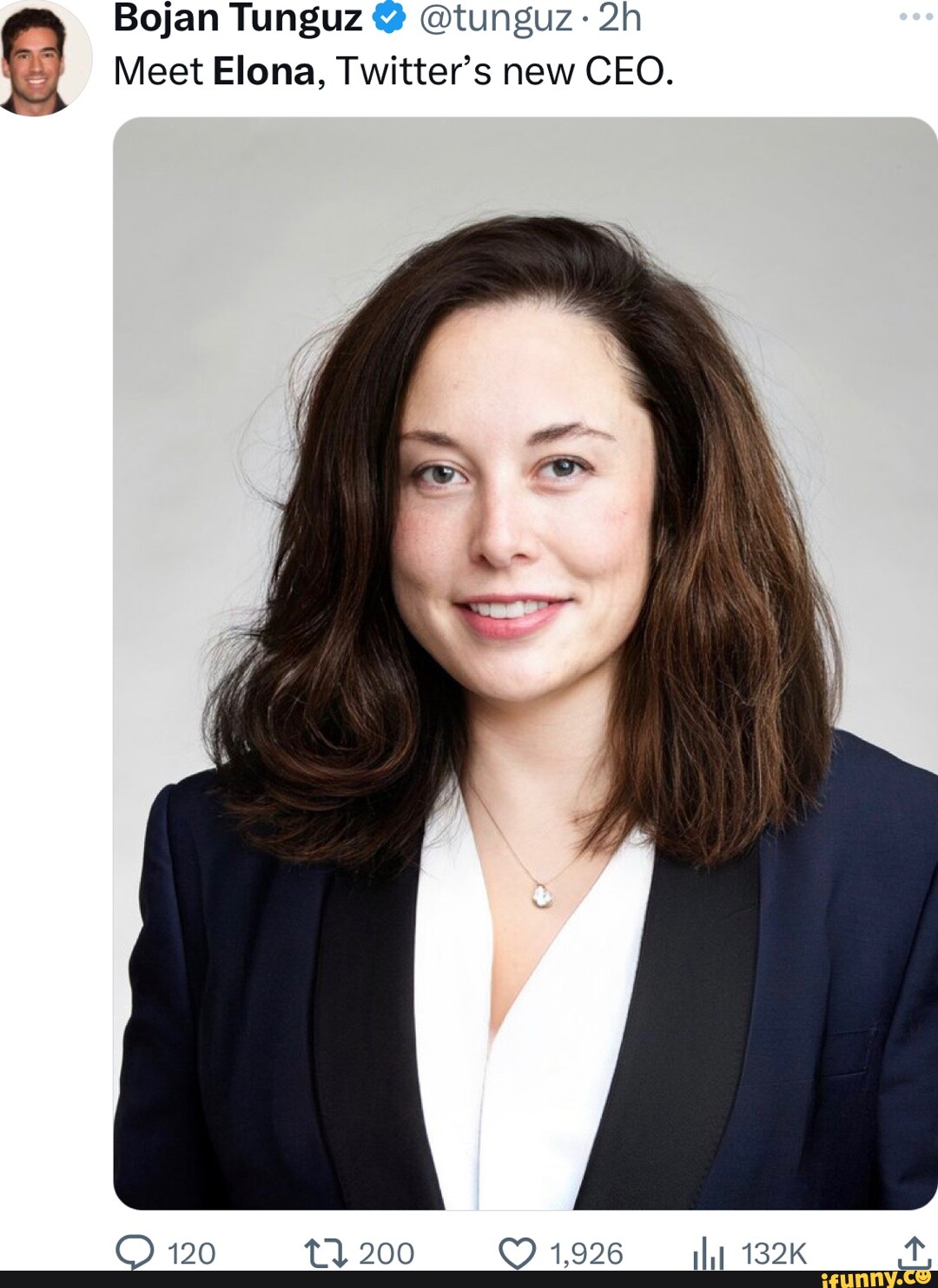 Bojan Tunguz @ tunguz- Meet Elona, Twitter's new CEO. TV 200 132K ft, - iFunny