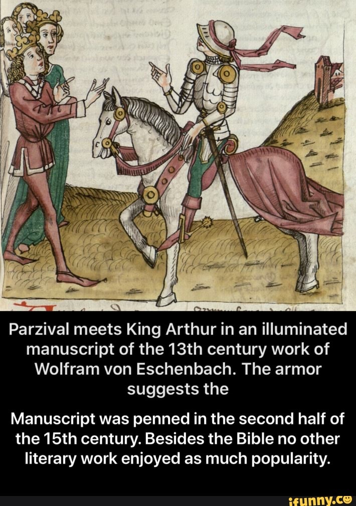 Parzival meets King Arthur in an illuminated manuscript of the 13th ...