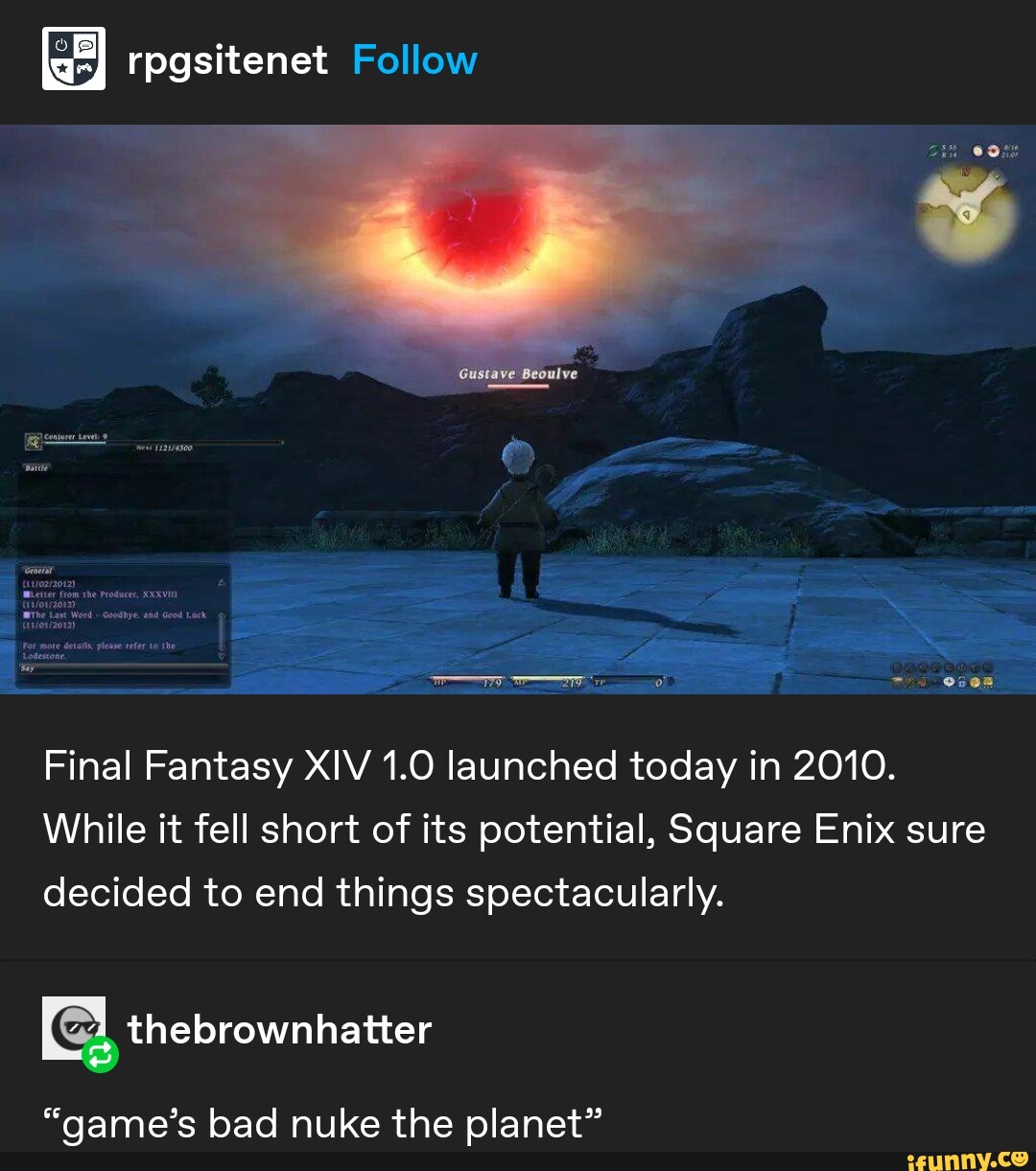 Rpgsitenet Follow Final Fantasy XIV 1.0 launched today in 2010. While ...