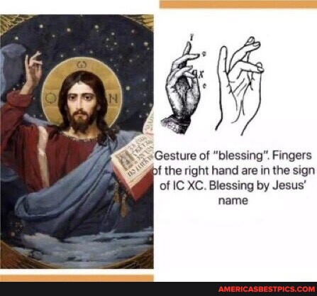 Gesture of "blessing". Fingers bf the right hand are in the sign of IC ...