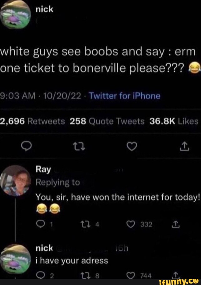 Nick white guys see boobs and say: erm one ticket to bonerville please ...