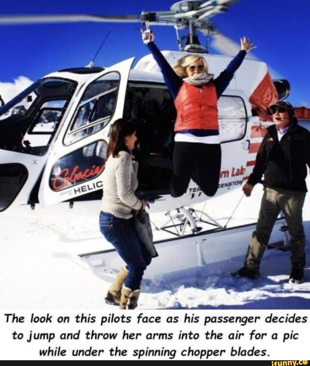 The look on this pilots face as his passenger decides to jump and throw her arms into the air ...