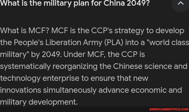 What Is the military plan tor China 2049? What is MCF? MCF is the CCP's ...
