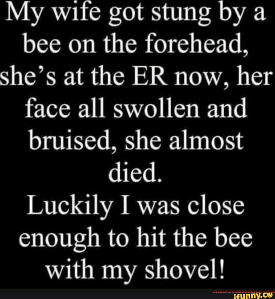 My wife got stung by a bee on the forehead, she's at the ER now, her ...