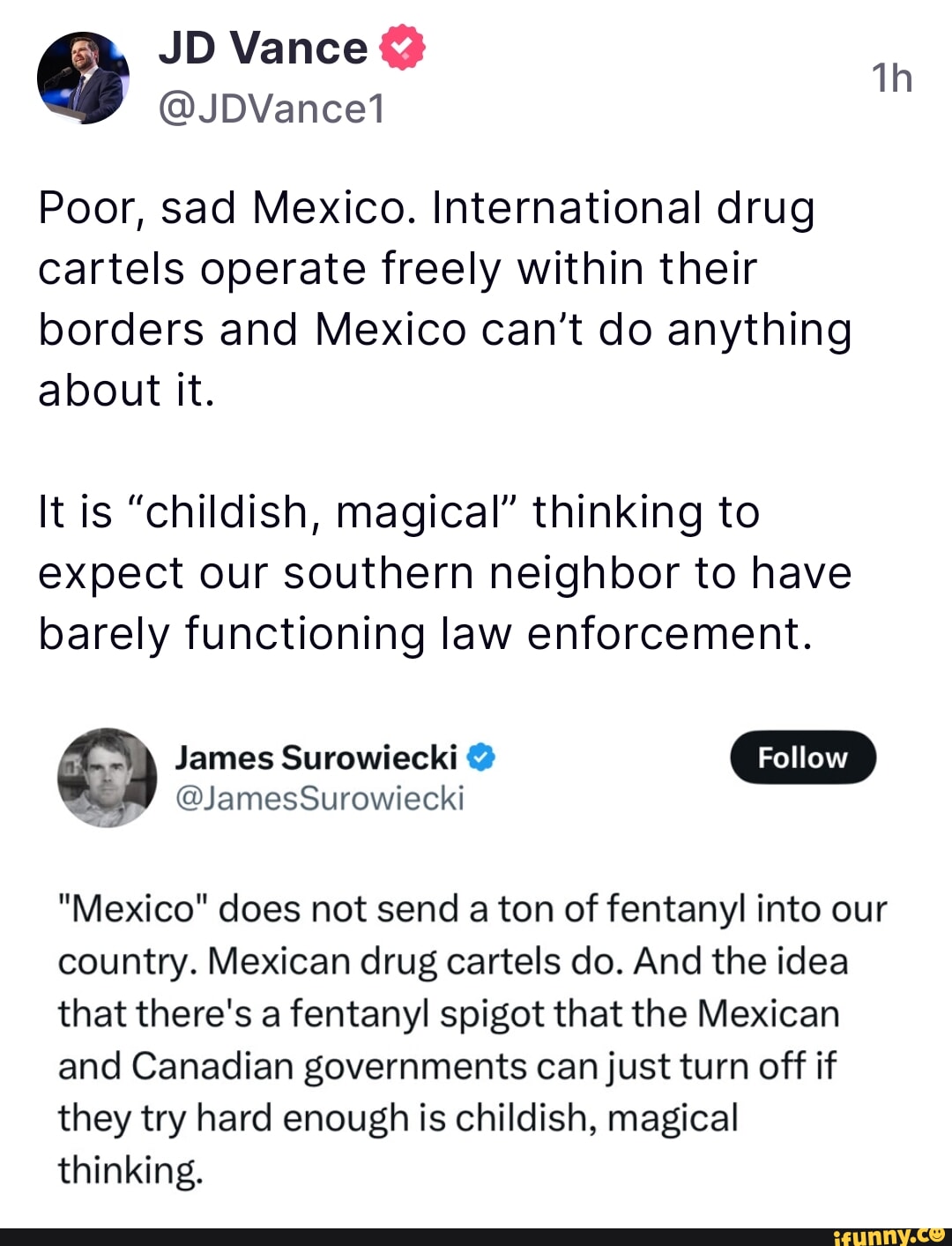 JD Vance @ Poor, sad Mexico. International drug cartels operate freely ...