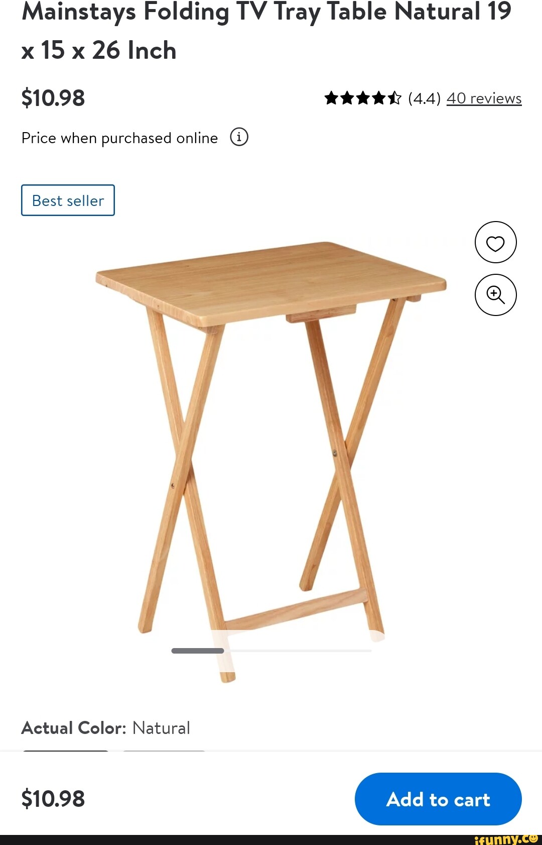 Mainstays Folding TV Tray Table Natural 19 x 15 x 26 Inch $10.98 (4.4 ...