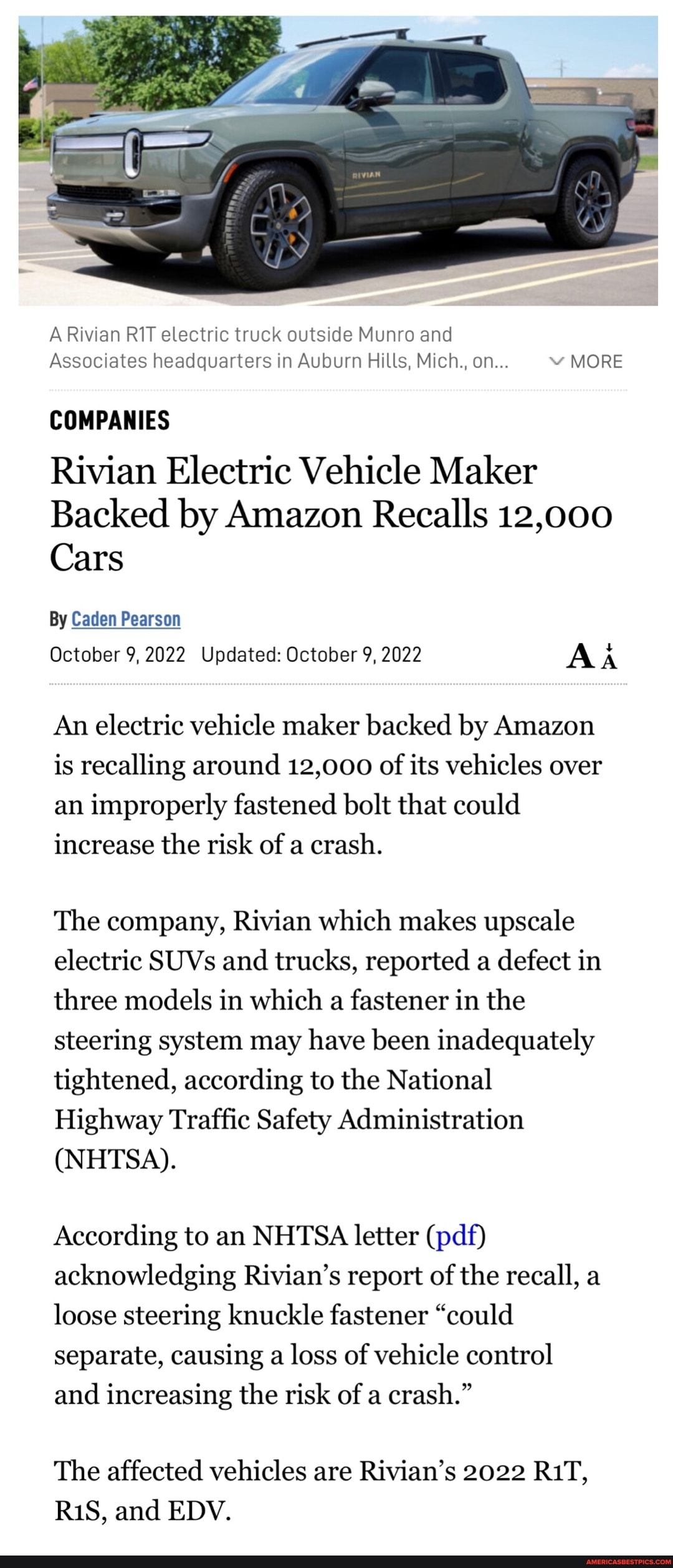 A Rivian RIT electric truck outside Munro and Associates headquarters ...