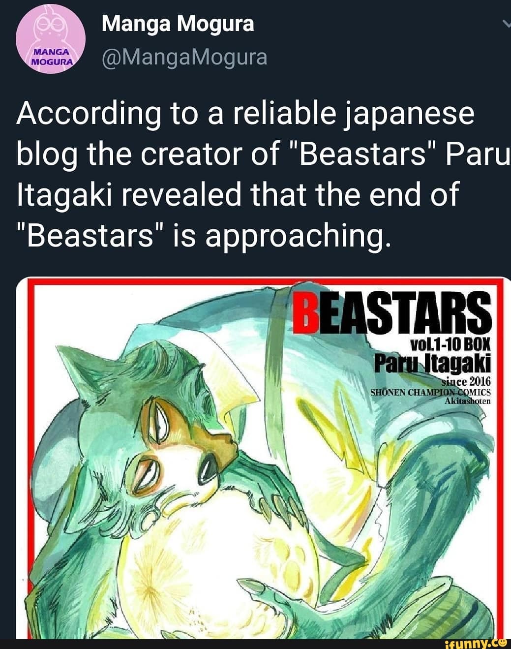 According to a reliable japanese blog the creator of "Beastars" Paru ...