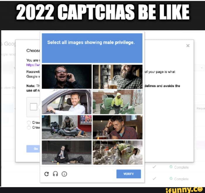 2022 CAPTCHAS BE LIKE Select all images showing male privilege. Choose ...
