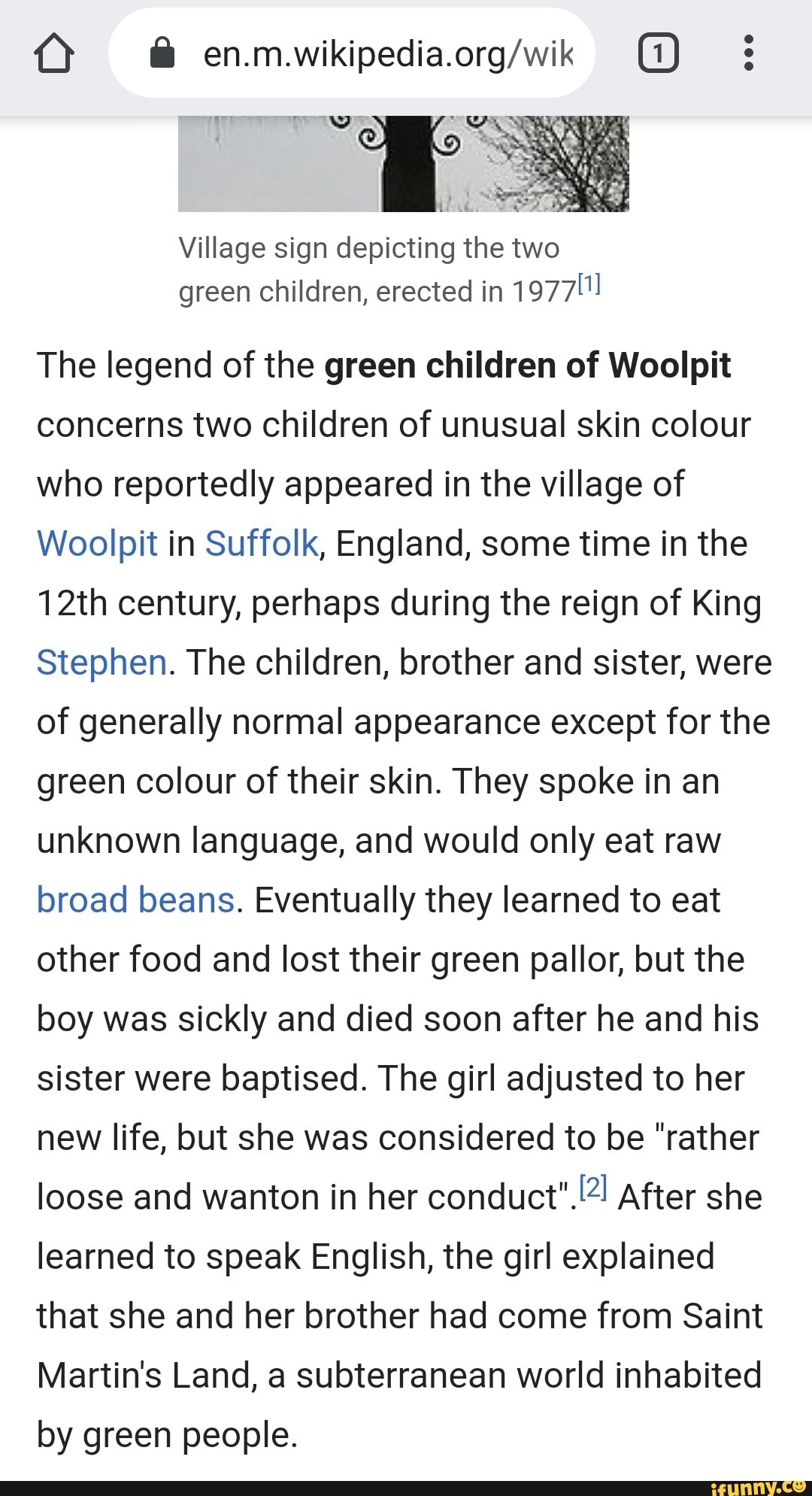 Village sign depicting the two green children, erected in 197711 The ...