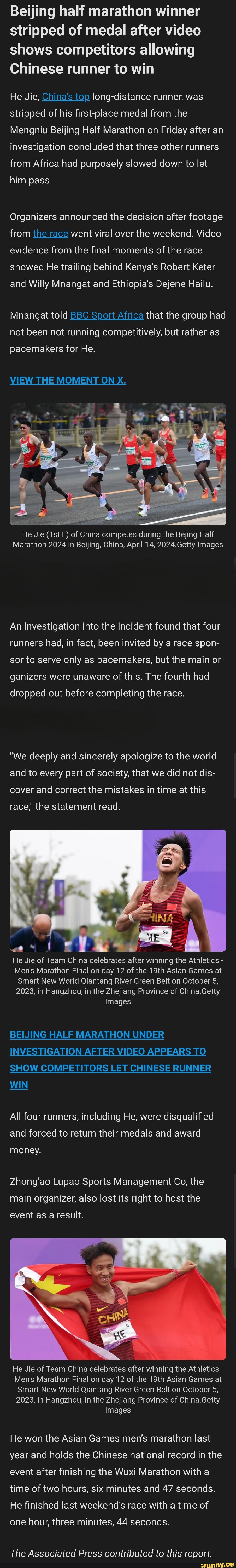 Beijing half marathon winner stripped of medal after video shows ...
