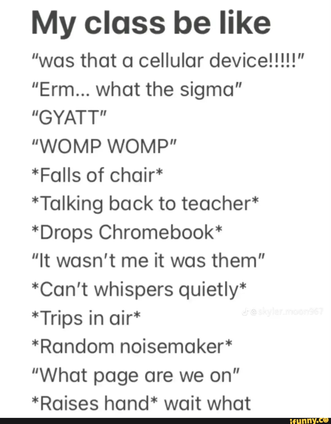 My class be like "Erm... what the sigma" "GYATT" "WOMP WOMP" *Falls of ...