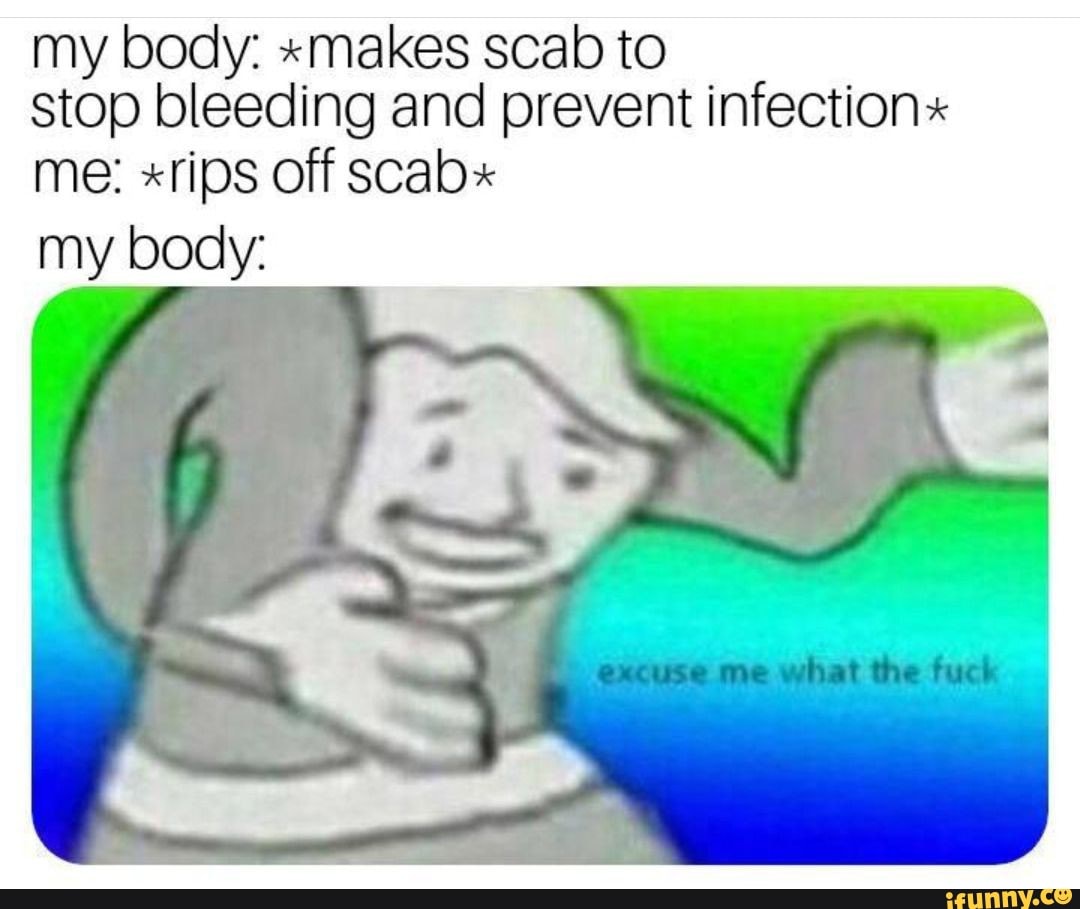 My body: *makes scab to stop bleeding and prevent infectiom me: *rips ...