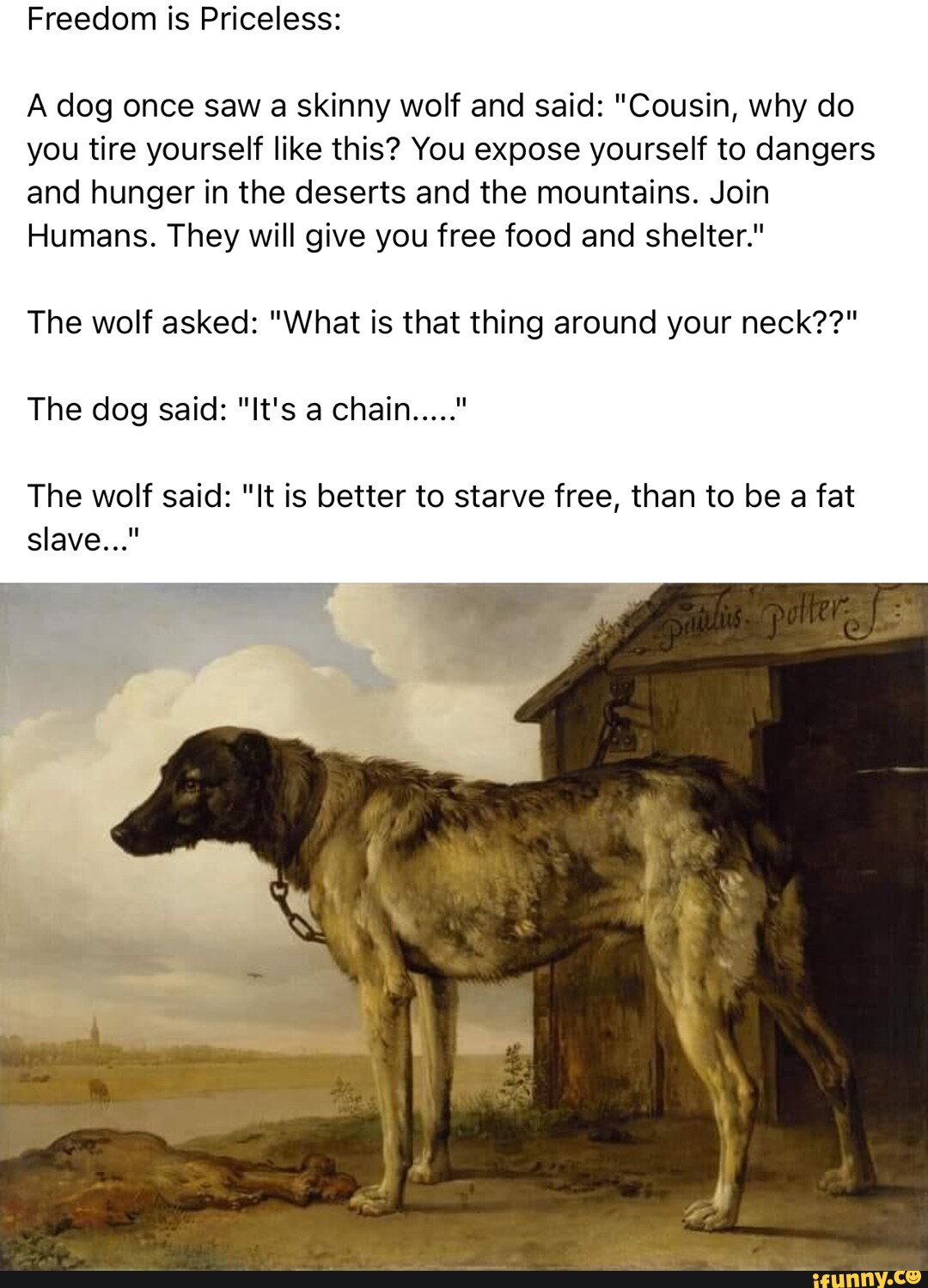 Freedom is Priceless: A dog once saw a skinny wolf and said: "Cousin ...