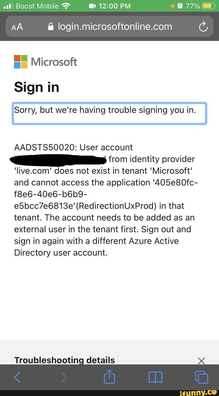 Al) Boost Mobile PM AA Microsoft Sign in Sorry, but we're having trouble signing you in ...