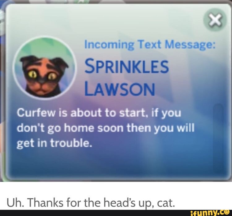 Incoming Text Message: SPRINKLES Curfew is about to start. if you don't ...