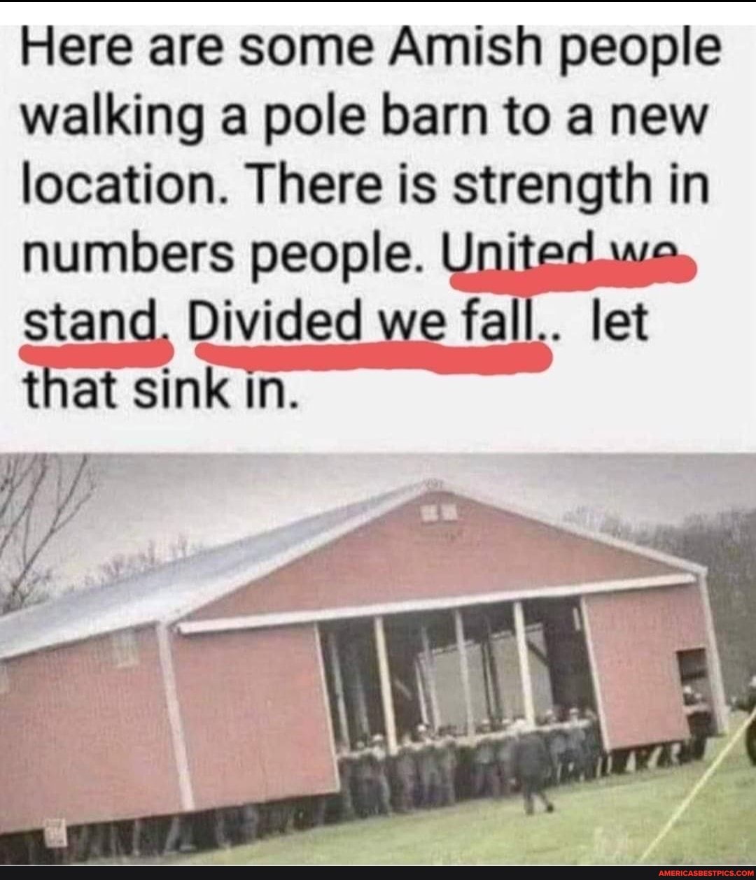 Here are some Amish people walking a pole barn to a new location. There ...