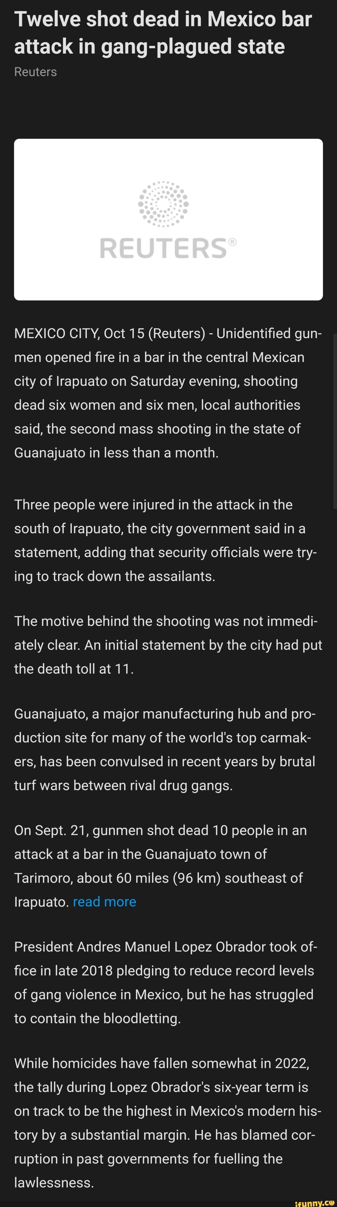 Twelve shot dead in Mexico bar attack in gang-plagued state Reuters RS ...