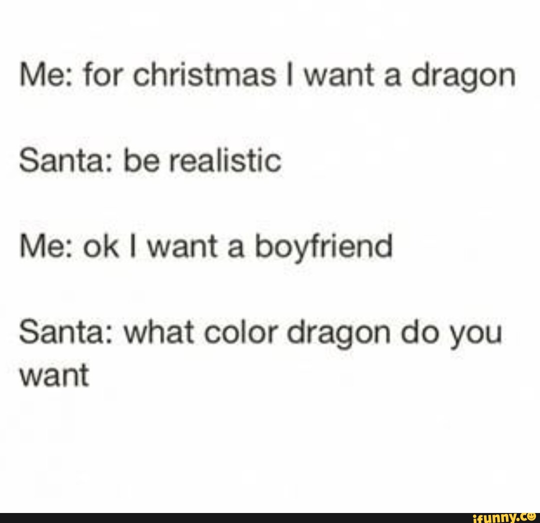 Me: for christmas I want a dragon Santa: be realistic Me: ok I want a ...