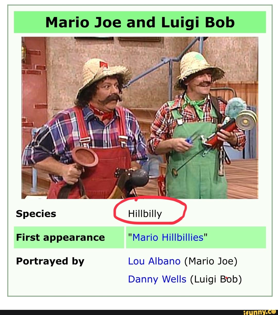 Mario Joe and Luigi Bob AF Species Hillbilly First appearance "Mario ...
