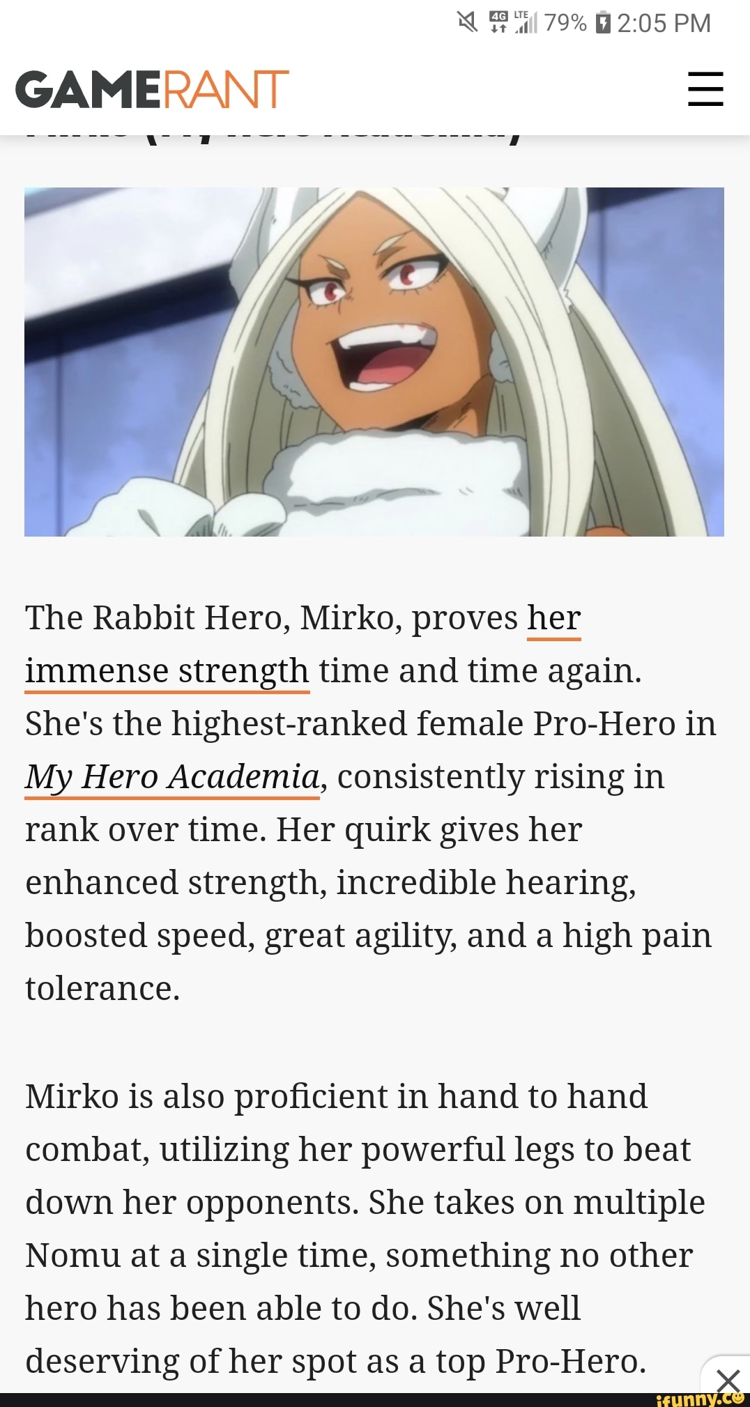 79% PM GAMERANT = The Rabbit Hero, Mirko, proves her immense strength ...