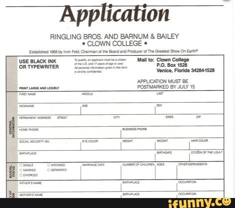 Application- RINGLING BROS. AND BARNUM & BAILEY CLOWN COLLEGE 'Mail t ...