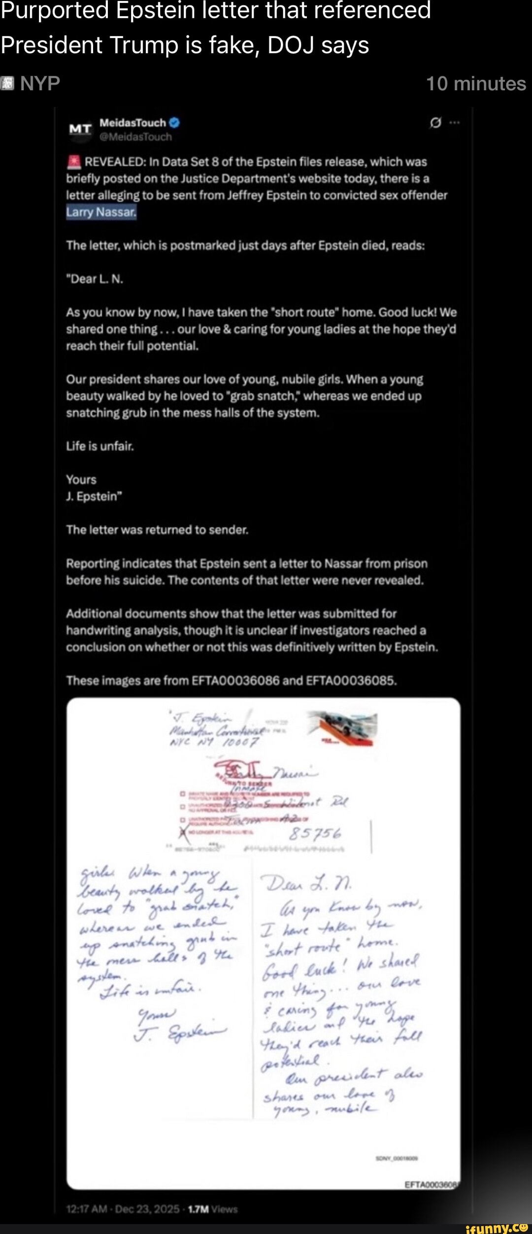Purported Epstein letter that referenced President Trump is fake, DOJ ...