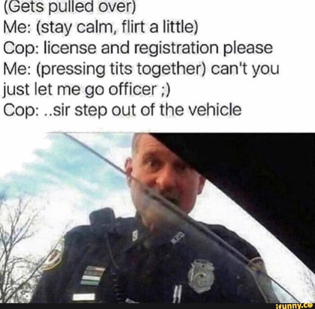 (Gets pulled over) Me: (stay calm, flirt a little) Cop: license and ...
