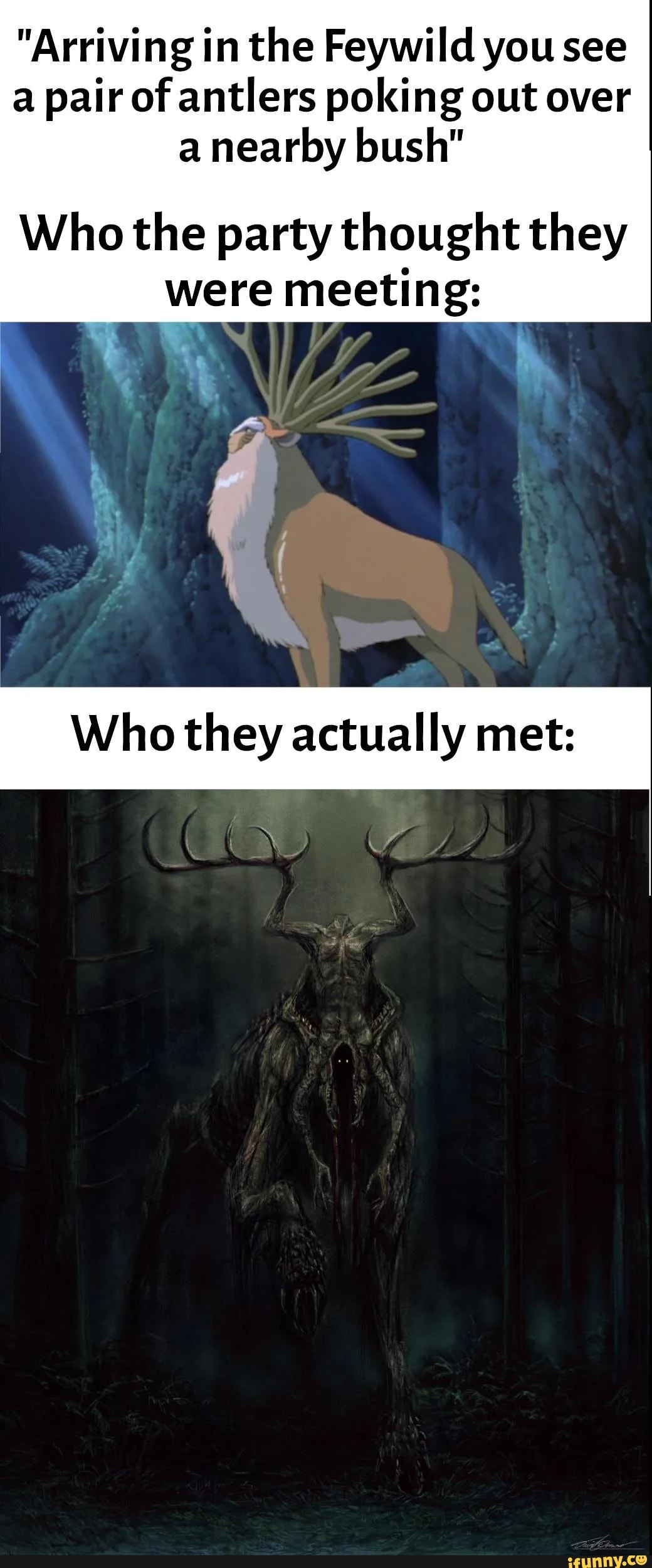 "Arriving in the Feywild you see a pair of antlers poking out over ...