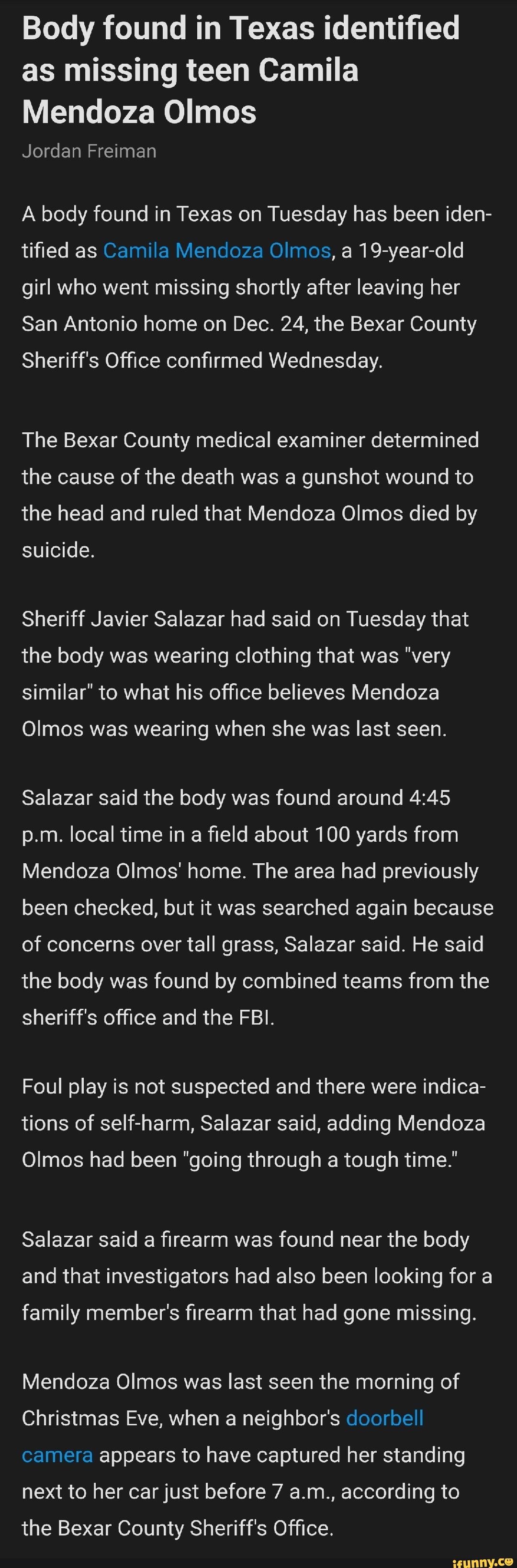 Body found in Texas identified as missing teen Camila Mendoza Olmos ...