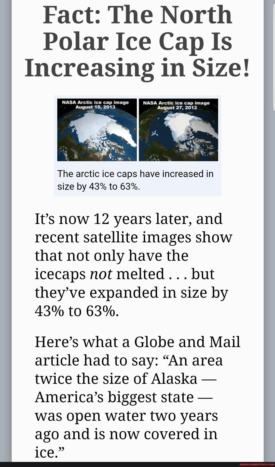 Fact: The North Polar Ice Cap Is Increasing in Size! NASA Arctic ice ...