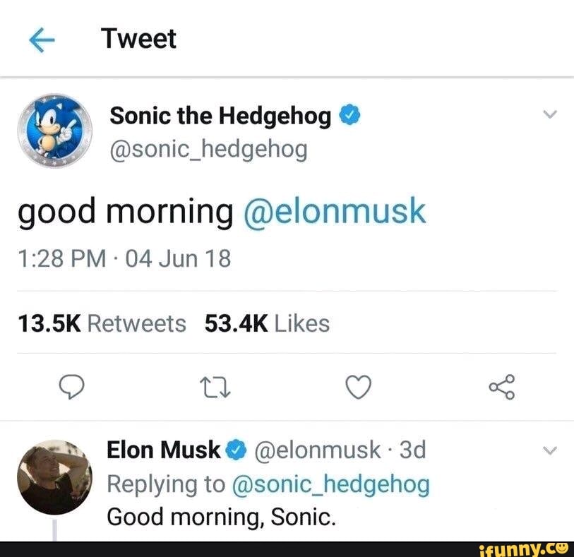 Sonic the Hedgehog @sonic_hedgehog good morning @elonmusk 1:28 PM 04 ...
