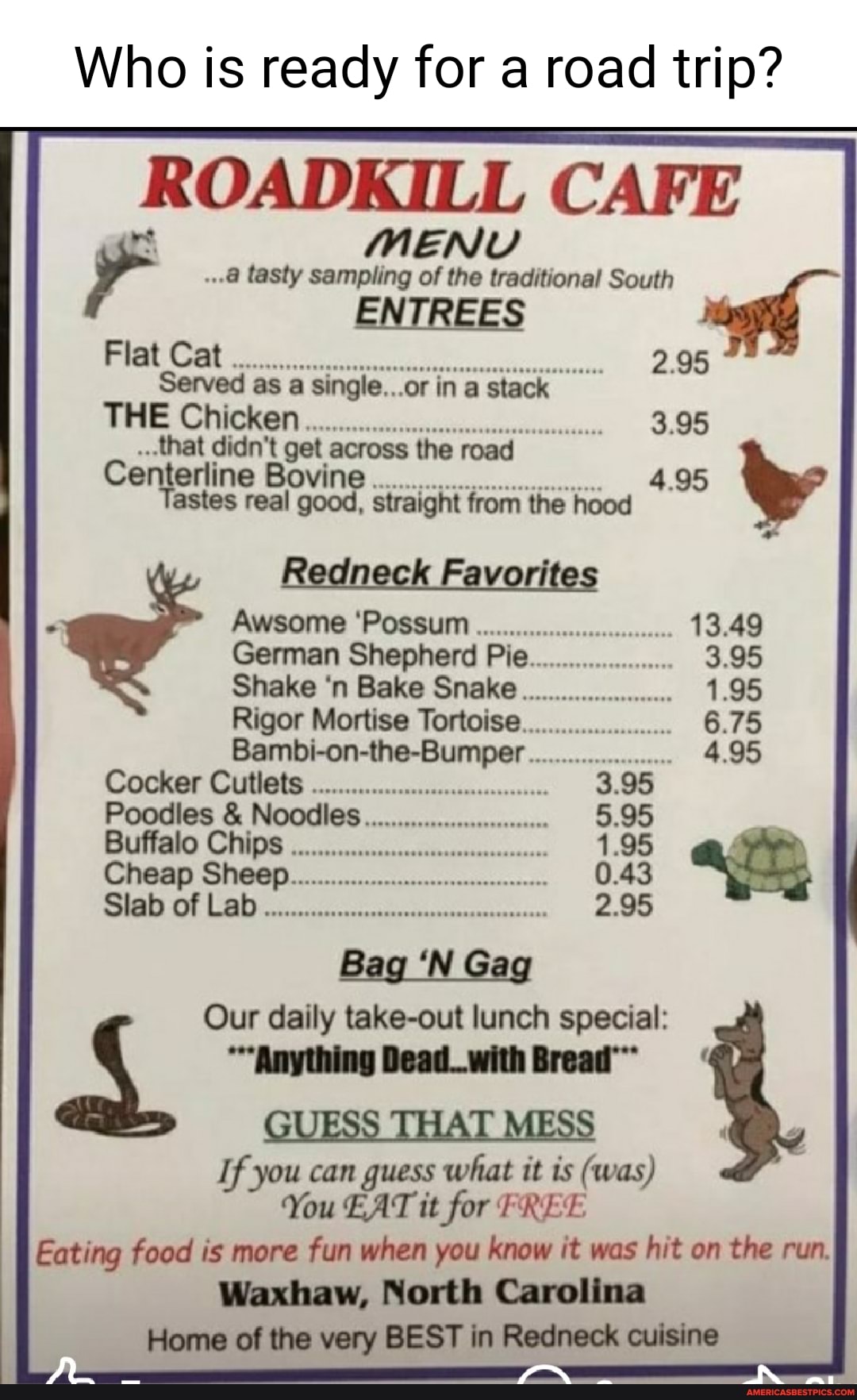 Who is ready for a road trip? ROADKILL CAFE re MENU tasty sampling of ...