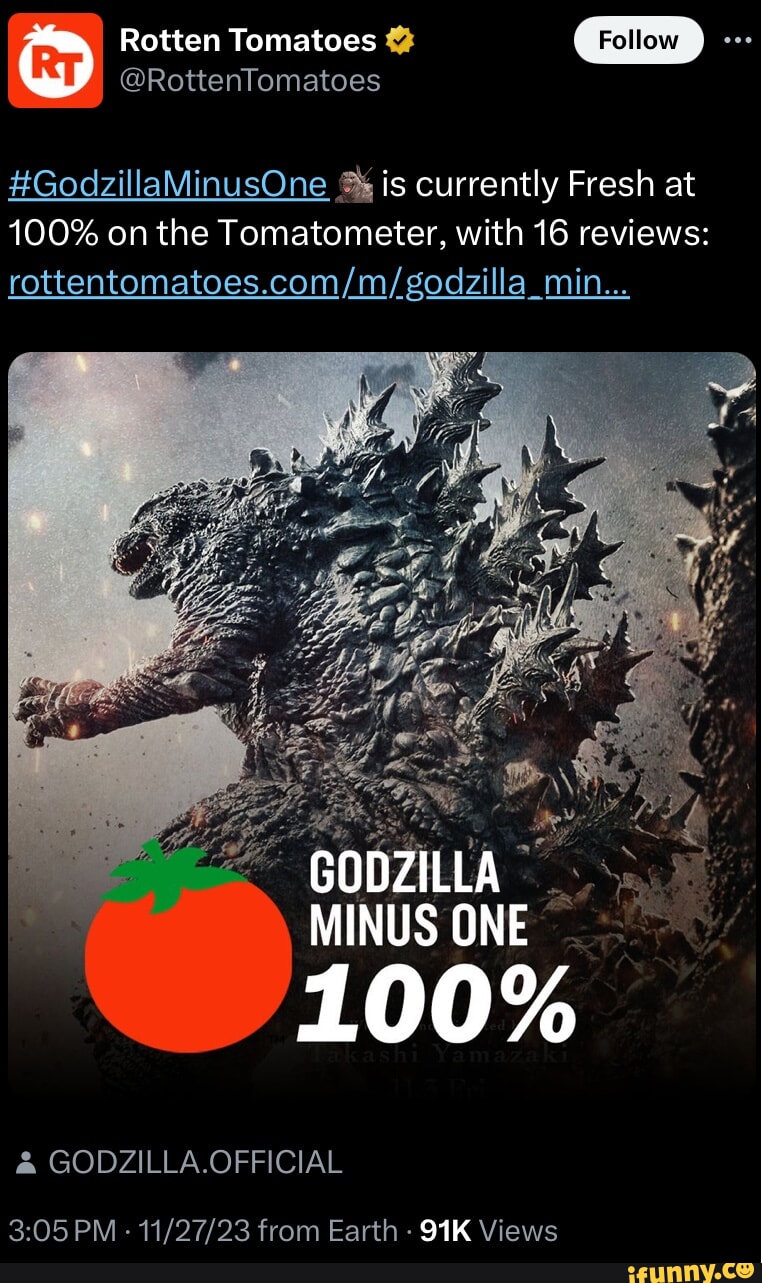 Rotten Tomatoes % I #GodzillaMinusOne is currently Fresh at 100% on the ...