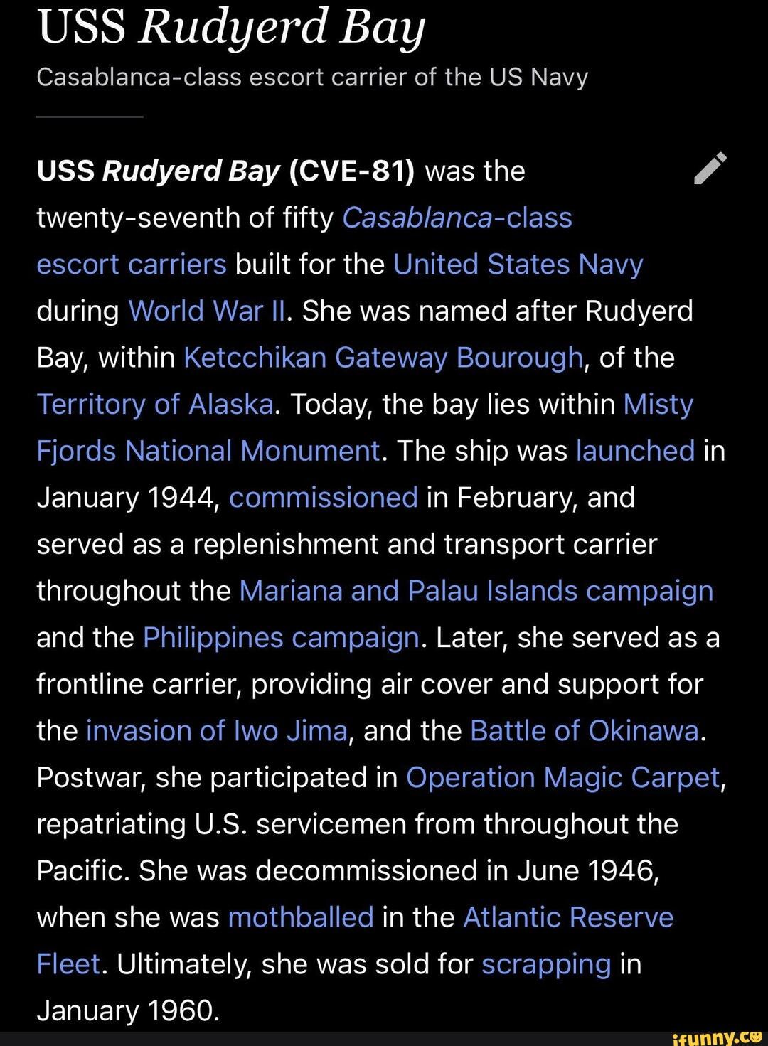 USS Rudyerd Bay Casablanca-class escort carrier of the US Navy USS ...