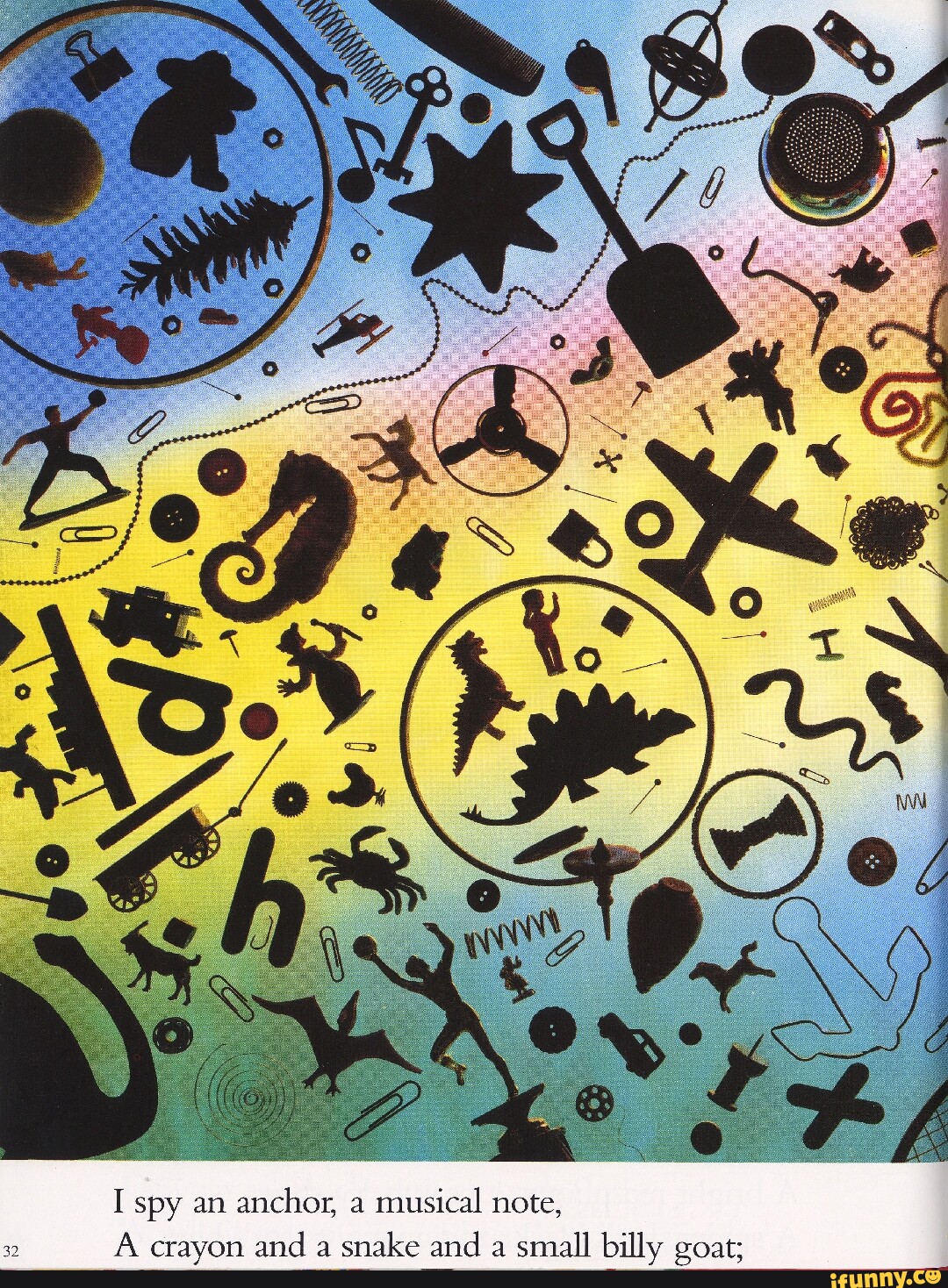 I spy an anchor, a musical note, crayon and a snake and a small billy ...