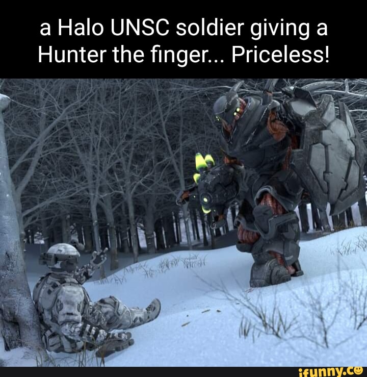 A Halo UNSC soldier giving a Hunter the finger... Priceless! - iFunny