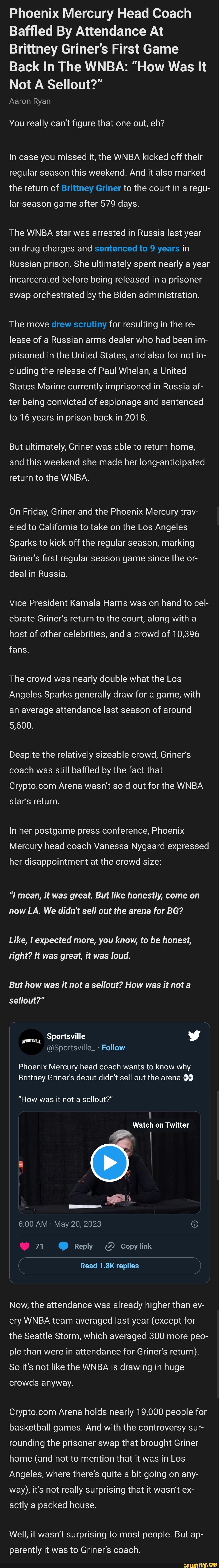 Phoenix Mercury Head Coach Baffled By Attendance At Brittney Griner's ...