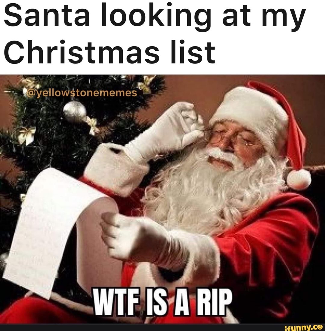 Santa looking at my Christmas list WTF IS A RIP - iFunny