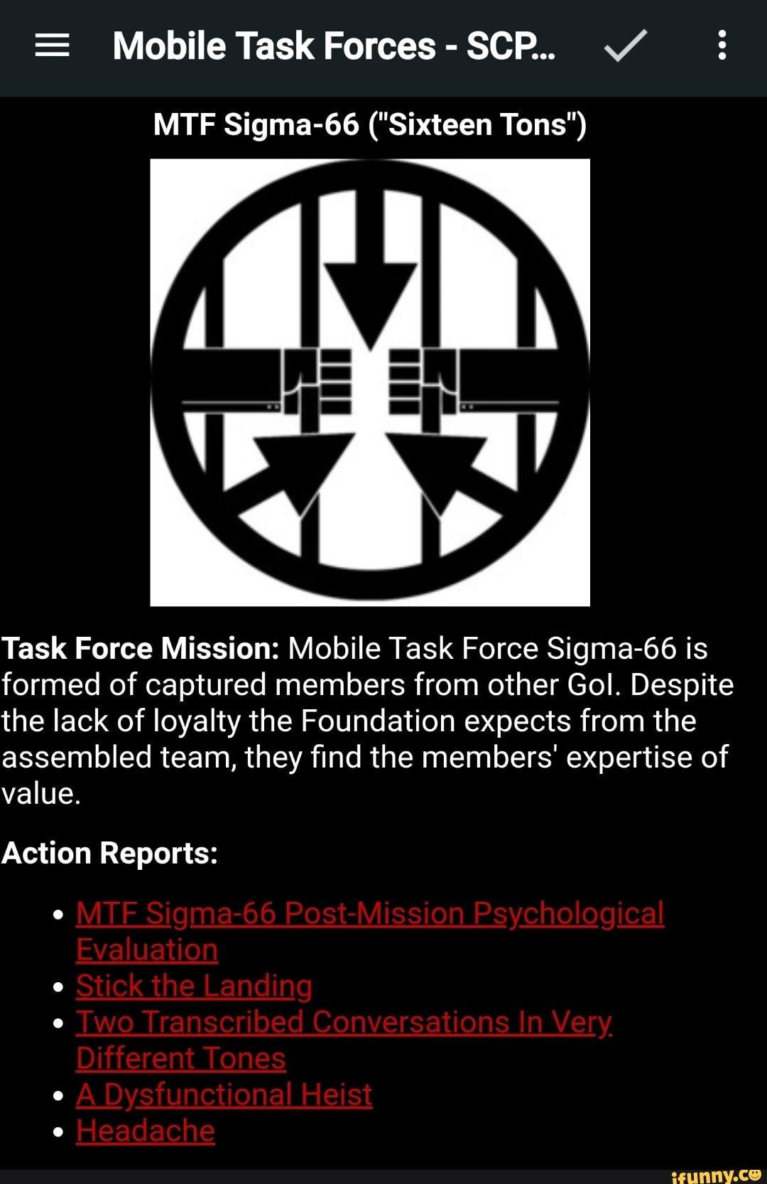 = Mobile Task Forces MTF Sigma-66 ("Sixteen Tons") Task Force Mission ...