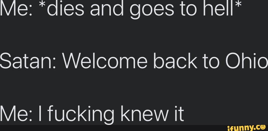 Ie: "dies and goes to nell* Satan: Welcome back to Ohio Me: I fucking ...