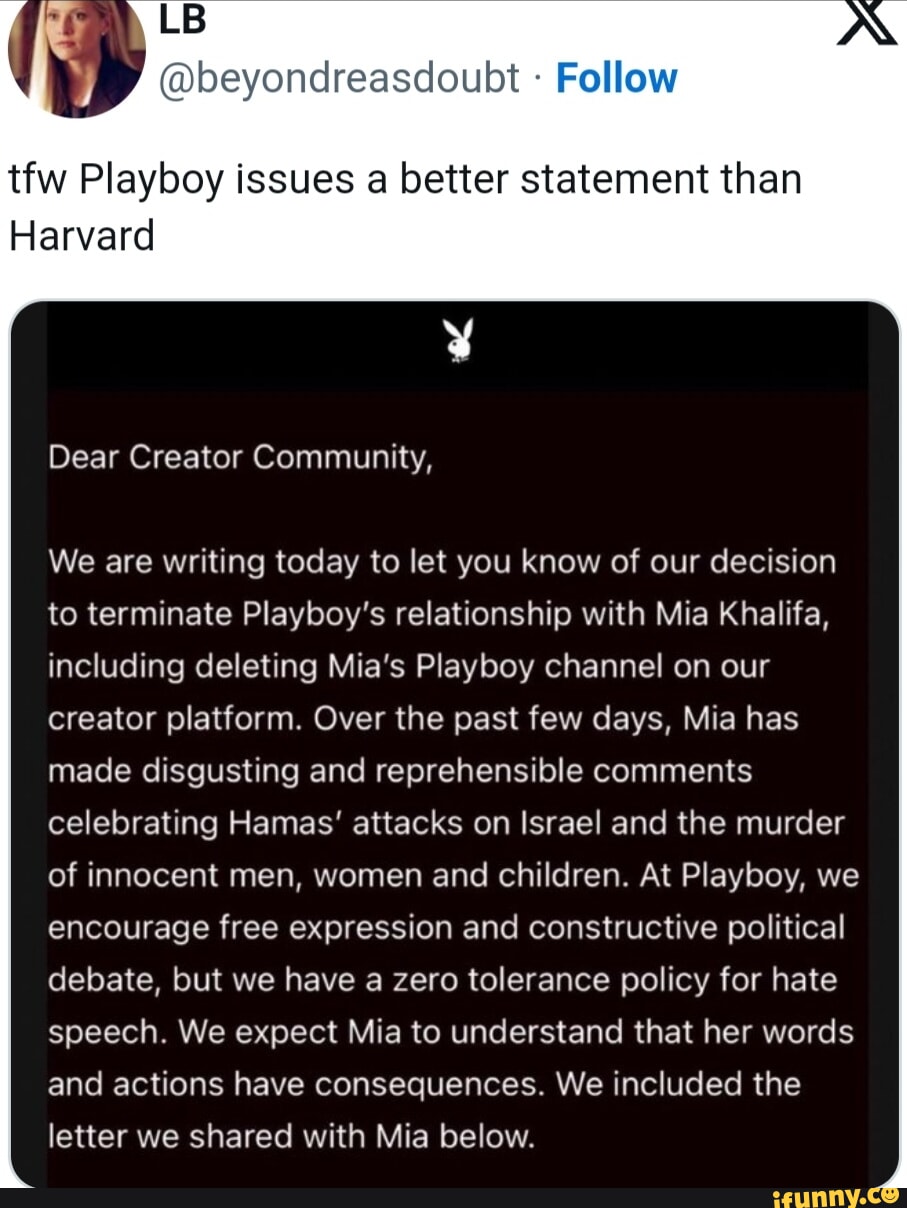 Tfw Playboy issues a better statement than Harvard Dear Creator ...