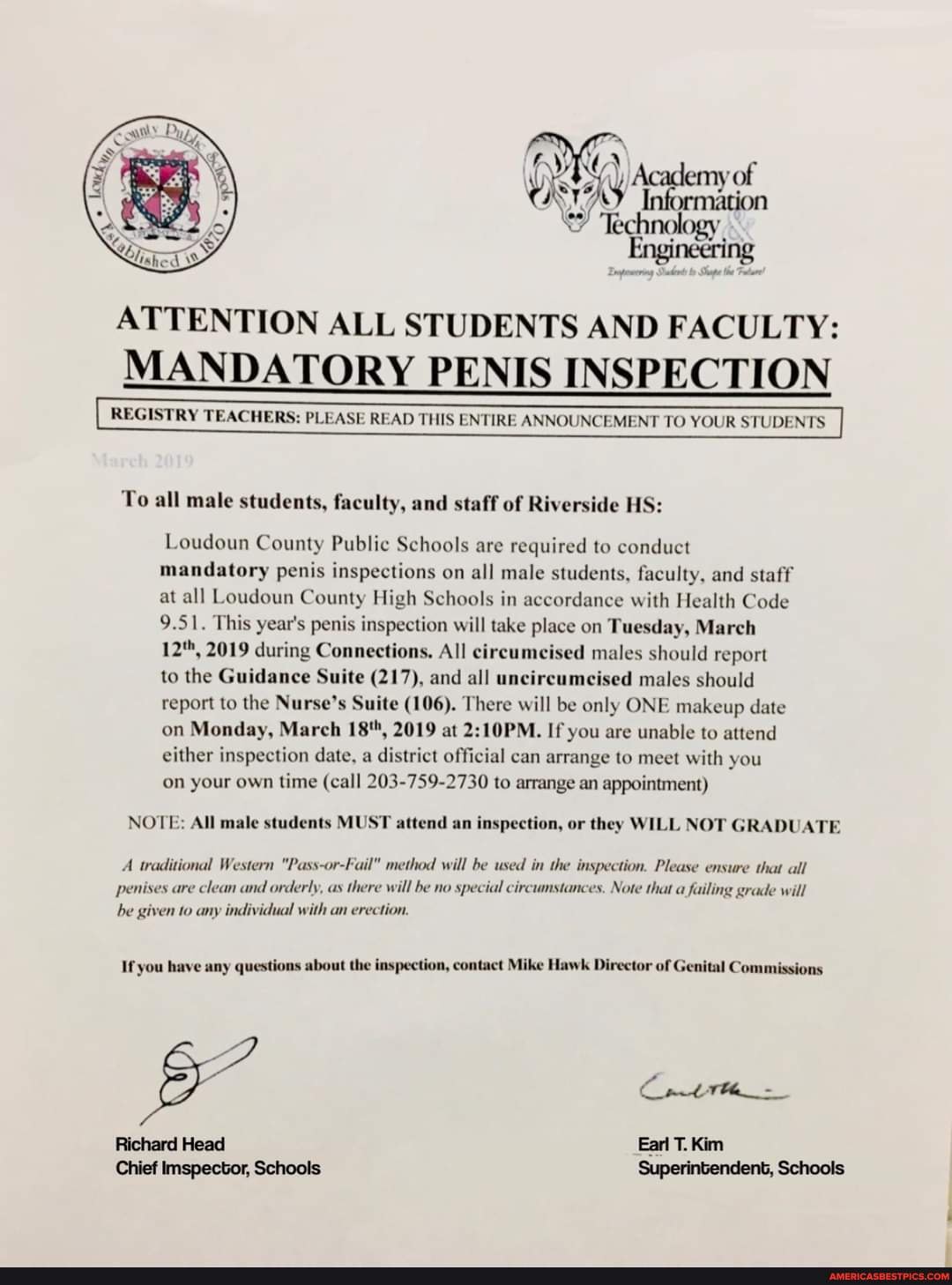 ATTENTION ALL STUDENTS AND FACULTY: MANDATORY PENIS INSPECTION TIRE ANNOUN TO YOUR STUDENTS RE ...