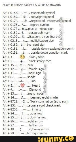 HOW TO MAKE SYMBOLS WITH KEYBOARD Alt +0153... s. trademark symbol Alt ...